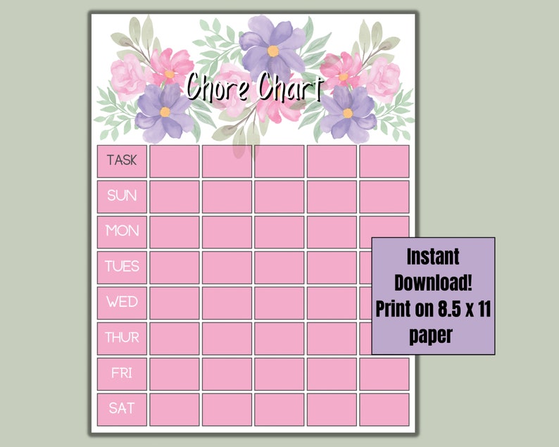 Printable Chore Chart for Girls, Floral Chore Chart for Adults, Sticker ...
