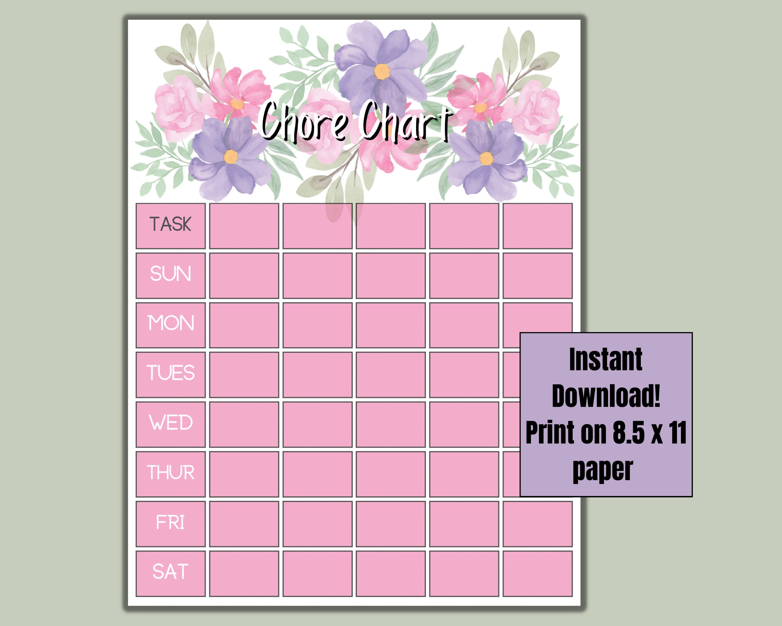 Printable Chore Chart for Girls, Floral Chore Chart for Adults, Sticker ...