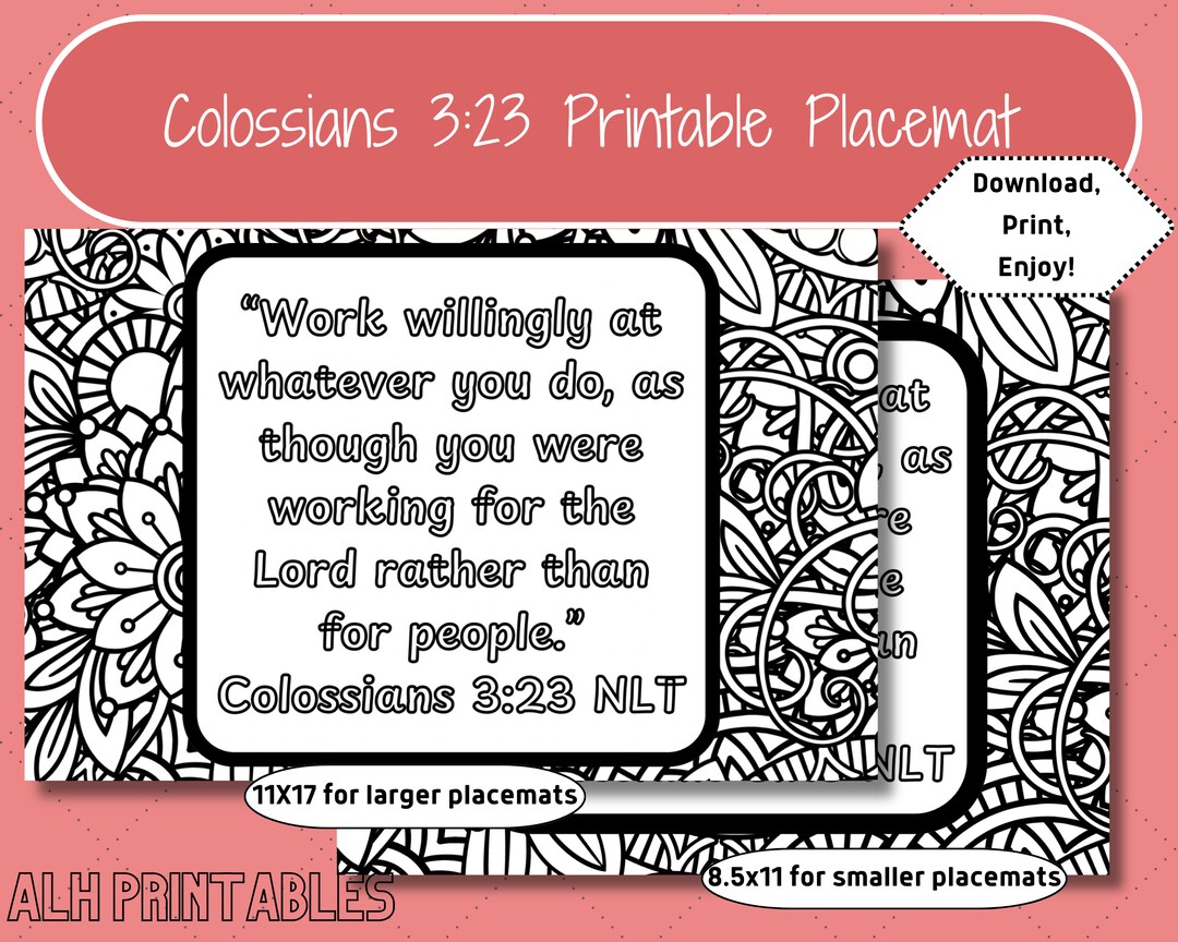 Colossians 3:23 Printable Placemat for Kids and Adults, Memory Verse ...