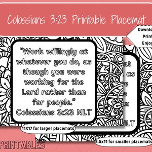 Colossians 3:23 Printable Placemat for Kids and Adults, Memory Verse ...