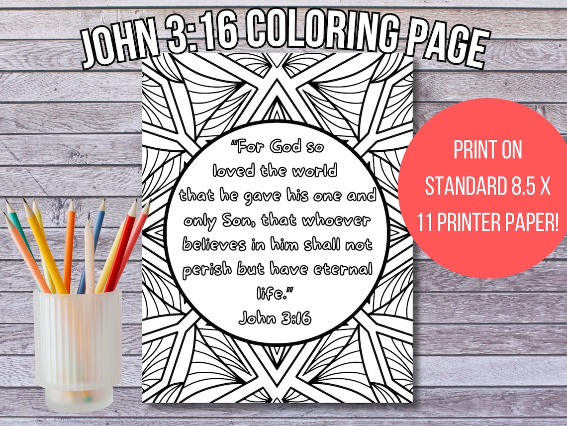 John 3:16 Printable Coloring Page, Coloring Pages for Adults, Memory ...
