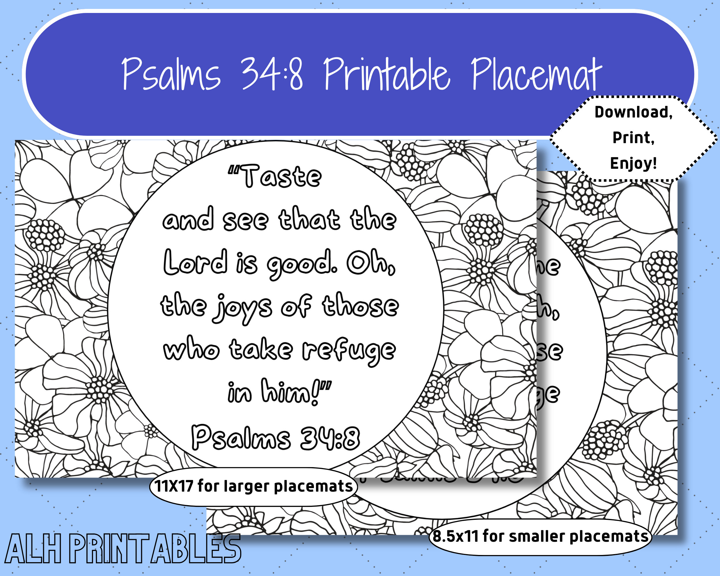 Psalms 34:8 Printable Placemat for Meal Times, Memory Verse Coloring ...
