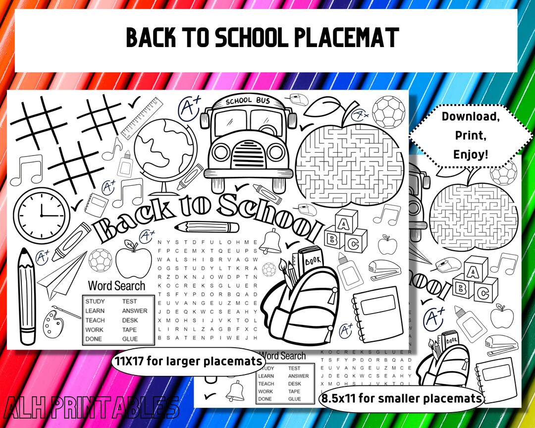 Back to School Activity Placemat: Maze, Crossword (printable PNG) - Etsy