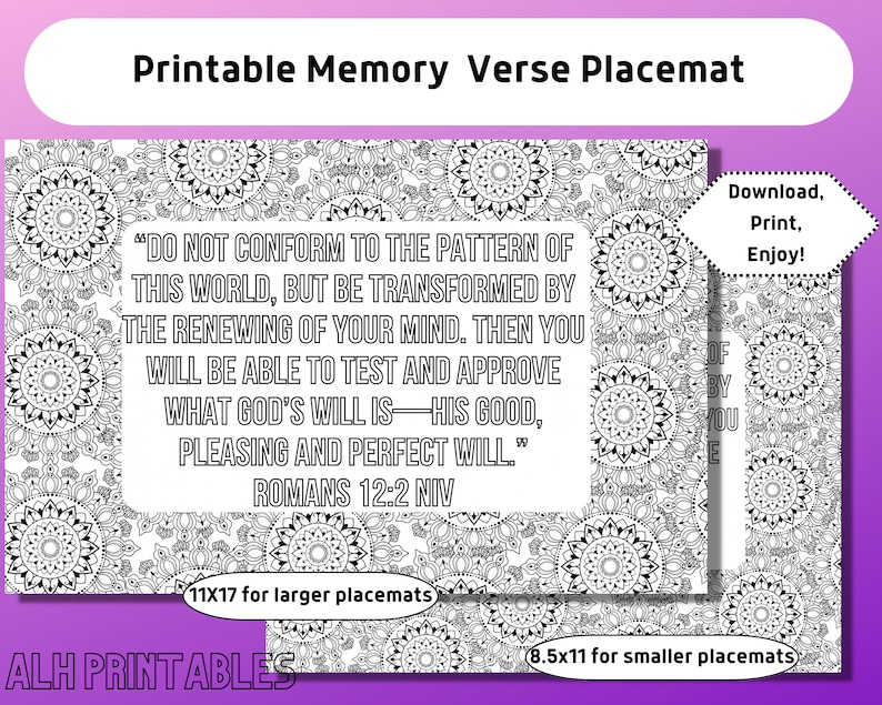 Printable Memory Verse Placemat of Roman’s 12:2 for Kids and Adults ...