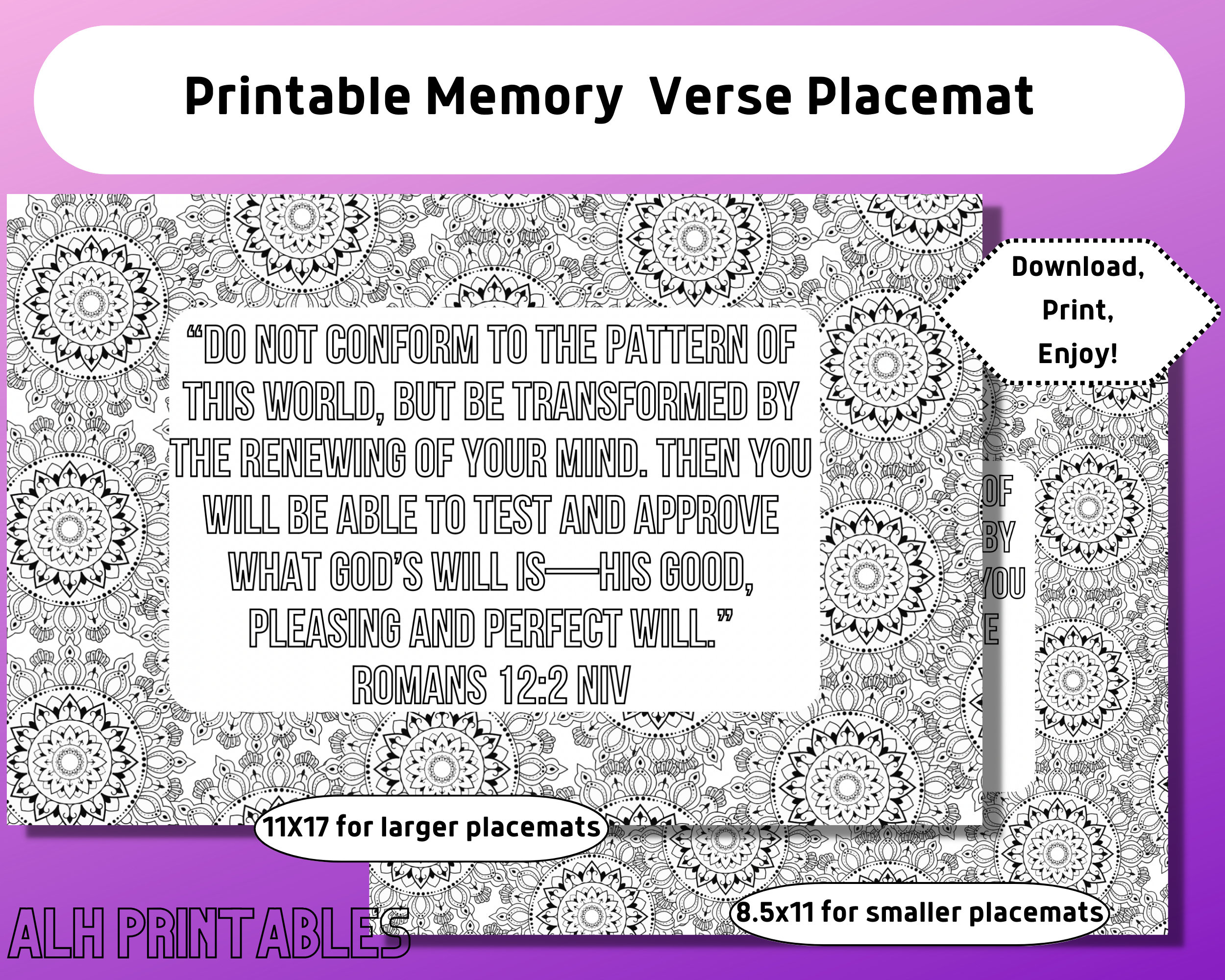 Printable Memory Verse Placemat of Roman’s 12:2 for Kids and Adults ...