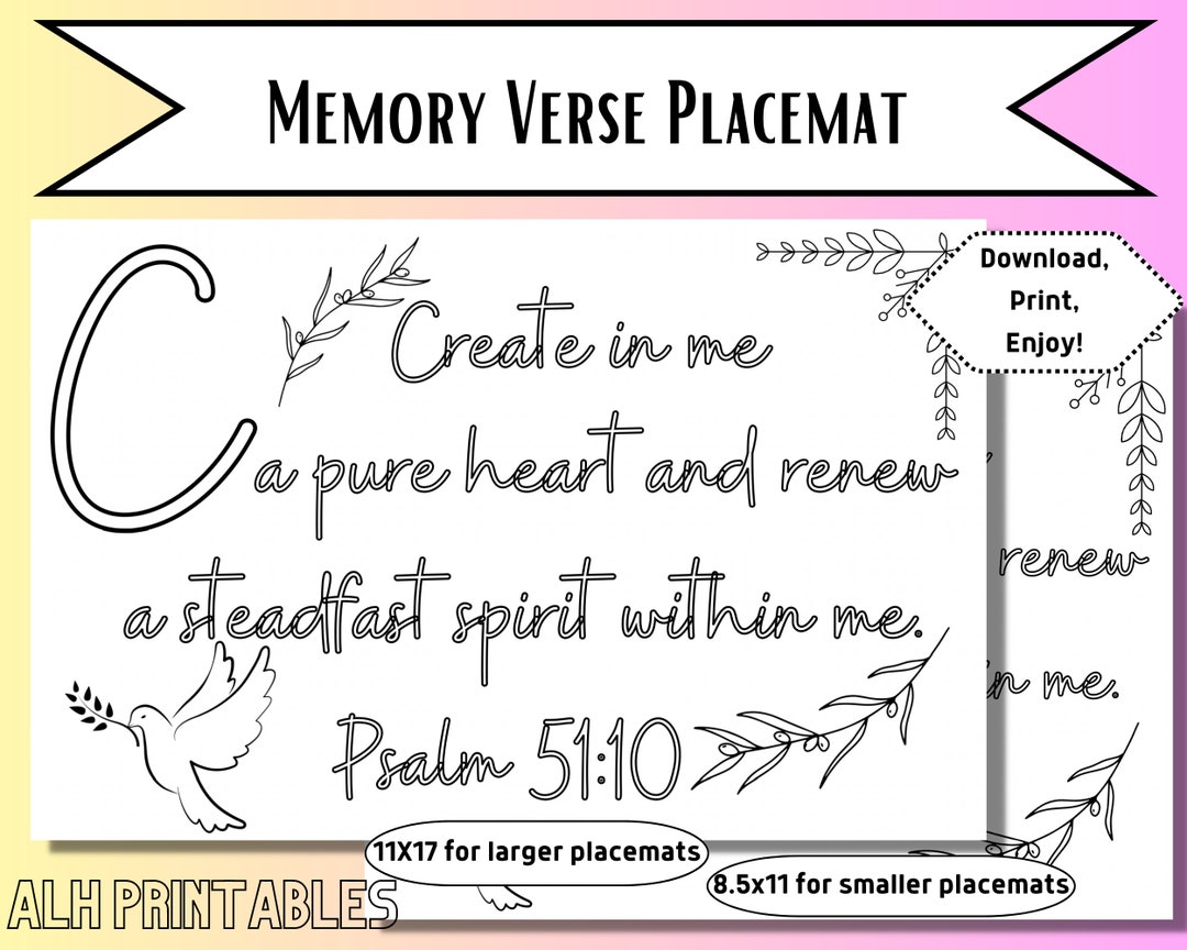 Psalm 51:10 Printable Placemat for Kids, Bible Verse Memorization, Meal ...
