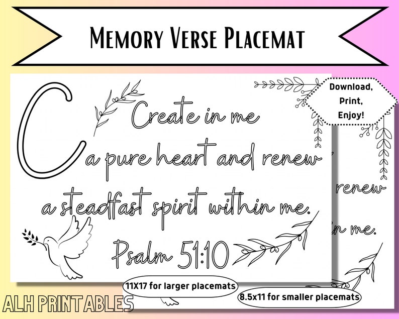 Psalm 51:10 Printable Placemat for Kids, Bible Verse Memorization, Meal ...