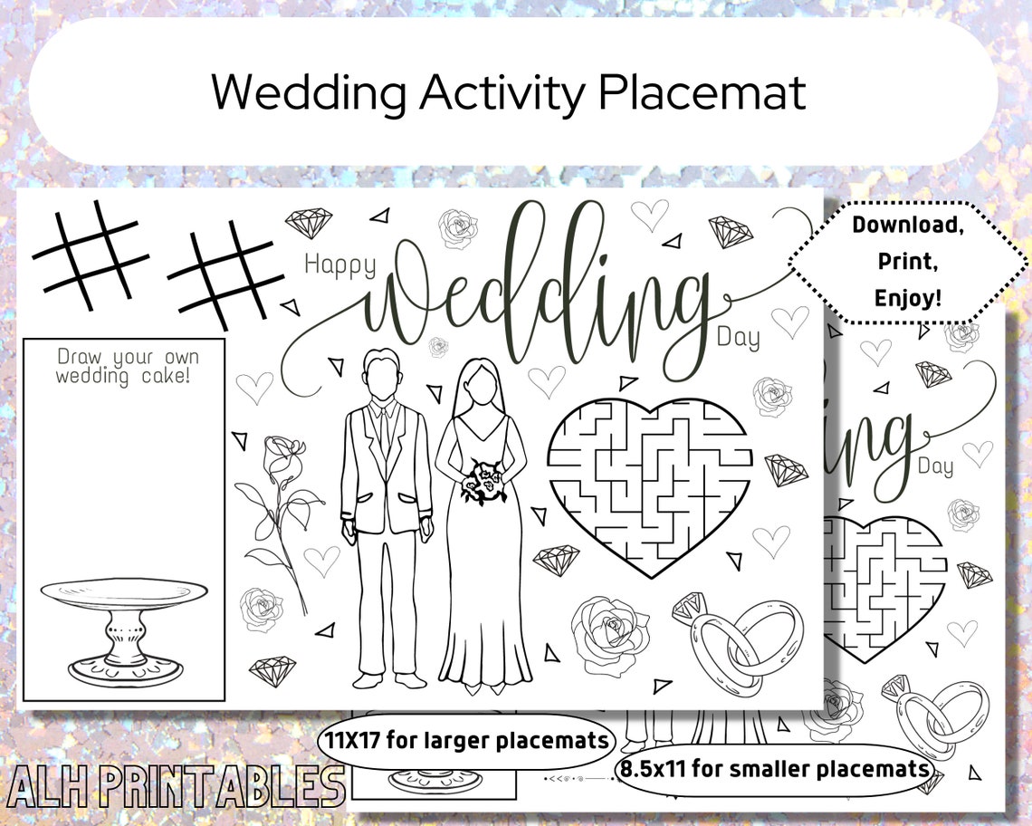 Printable Wedding Activity Placemat for Kids, Bride and Groom Coloring ...