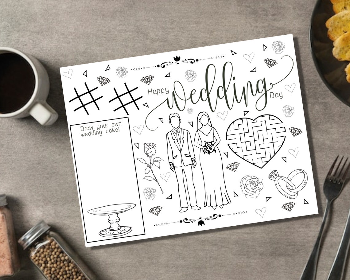 Printable Wedding Activity Placemat for Kids, Bride and Groom Coloring ...