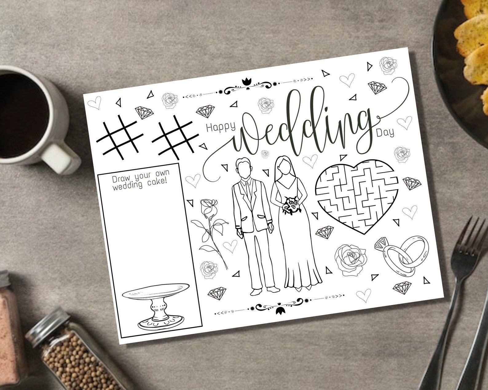Printable Wedding Activity Placemat for Kids, Bride and Groom Coloring ...