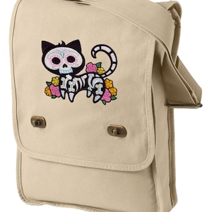 Sugar Skull Cat Bag, Gato Muerto Embroidered Canvas Field Bag - Etsy
