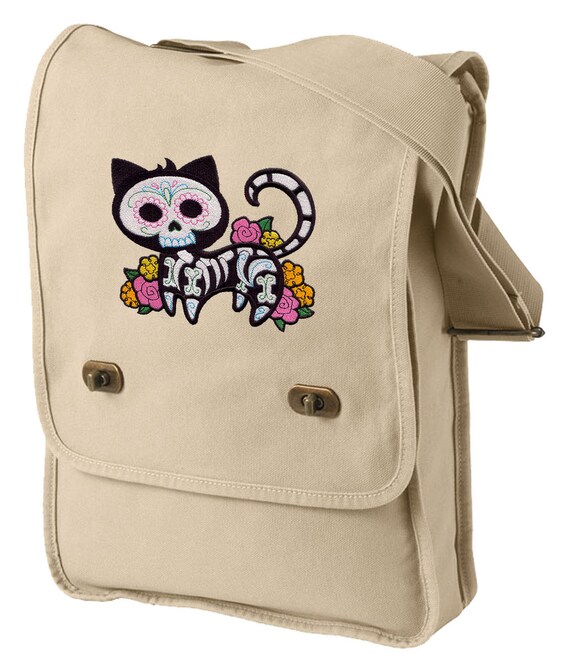 Sugar Skull Cat Bag Gato Muerto Embroidered Canvas Field Bag | Etsy