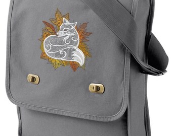 Flower Tailed Fox Embroidered Canvas Field Bag | Etsy