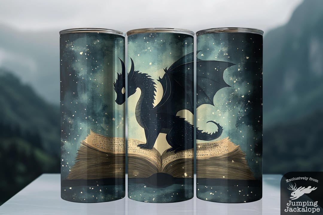 Shadow Wyrm Tumbler – 20oz Fantasy Dragon on Open Book | Dark Fairytale ...