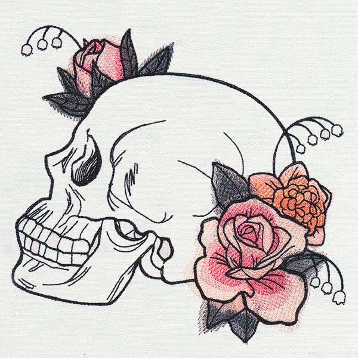Dire Blooms - Skull and Flowers Embroidered Fleece Micro Mink Sherpa ...
