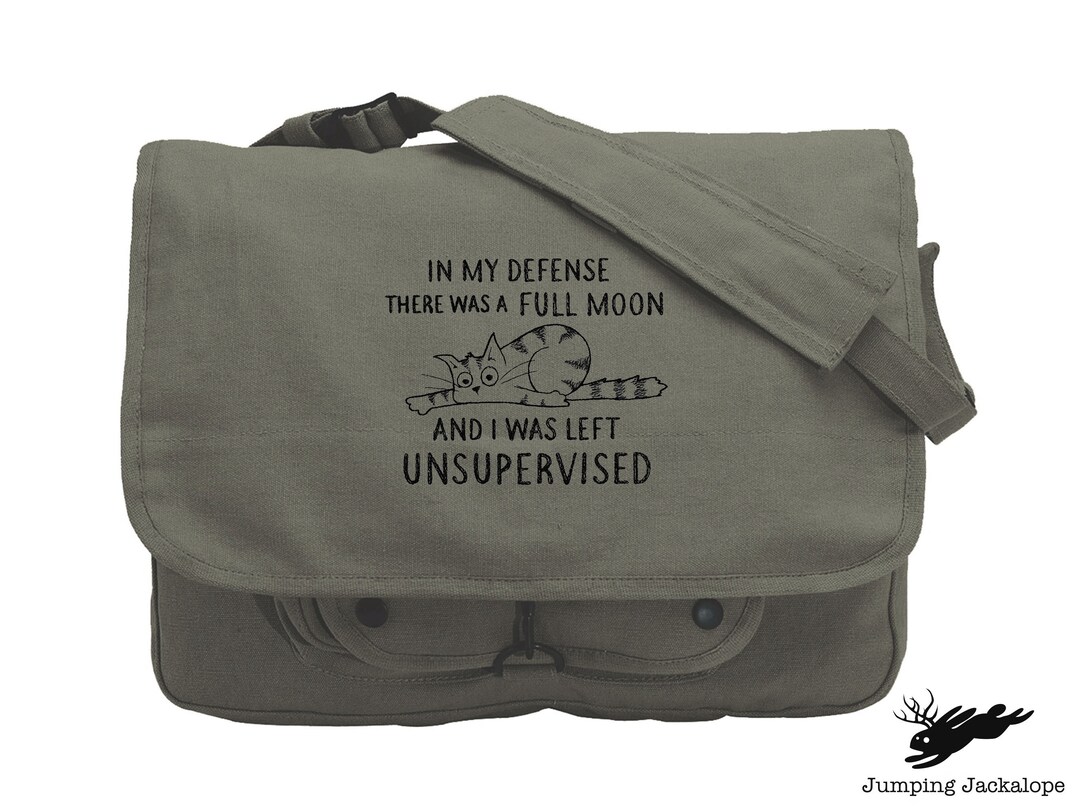 Unsupervised Cat Embroidered Canvas Messenger Bag, Cat Bag, Funny Cat ...