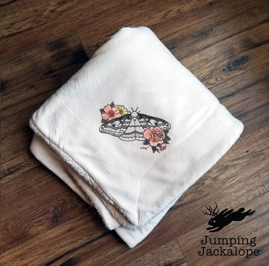 Dire Blooms - Moth and Flowers Embroidered Fleece Micro Mink Sherpa ...