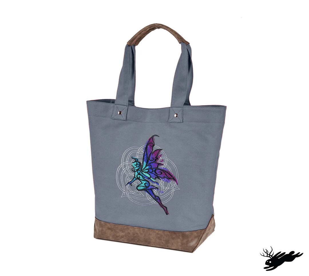 Dark Celt - Fea, Fairy Embroidered Canvas Tote With Vegan Leather ...