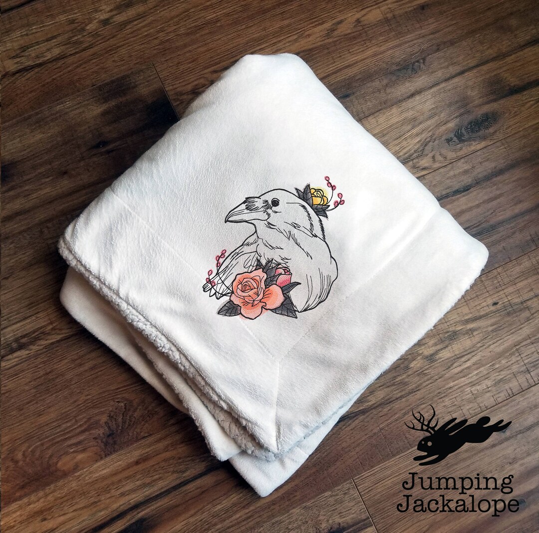 Dire Blooms - Raven and Flowers Embroidered Fleece Micro Mink Sherpa ...