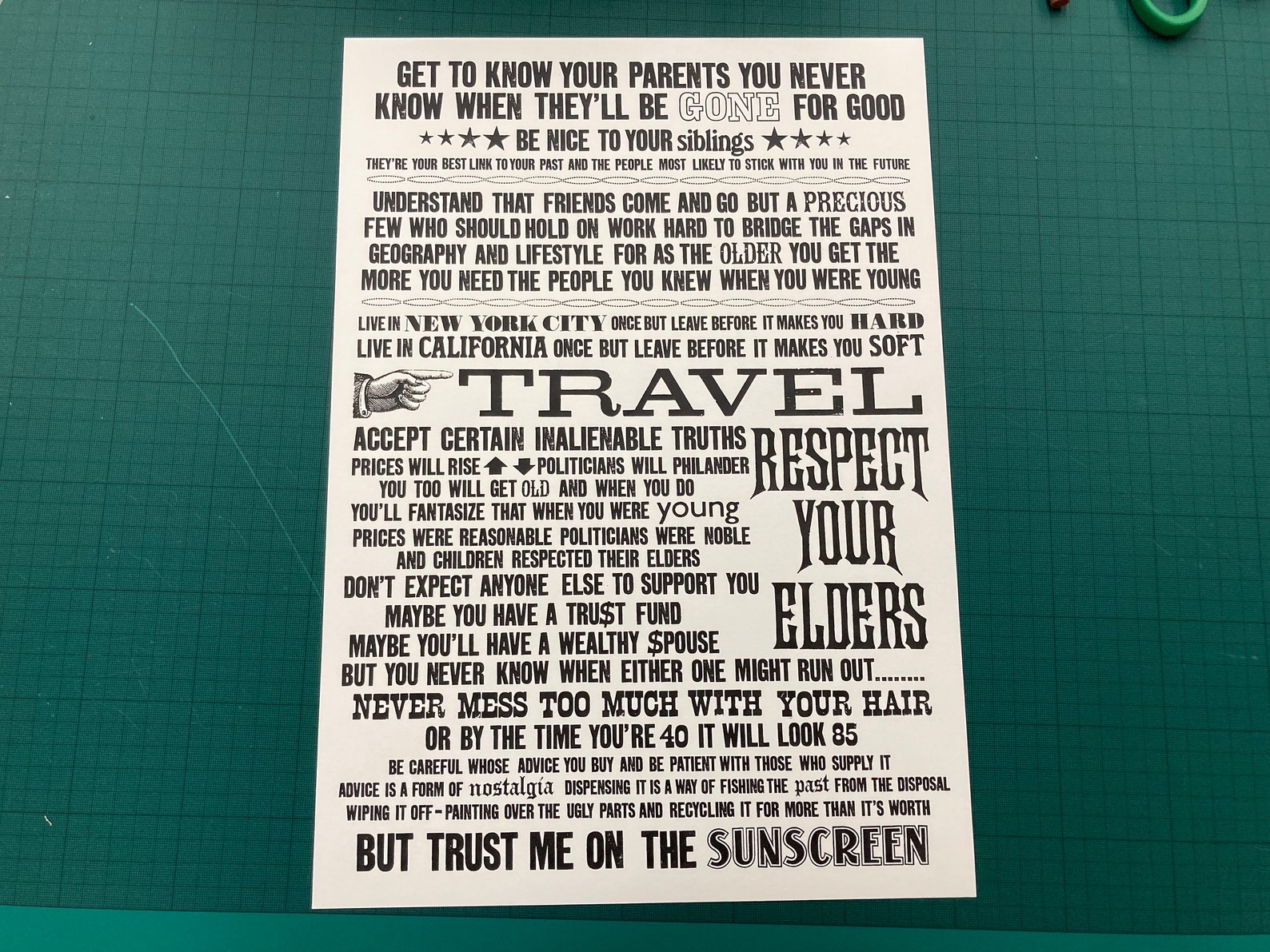 Sunscreen Lyric Screenprint Baz Luhrmann Lyrics Print | Etsy
