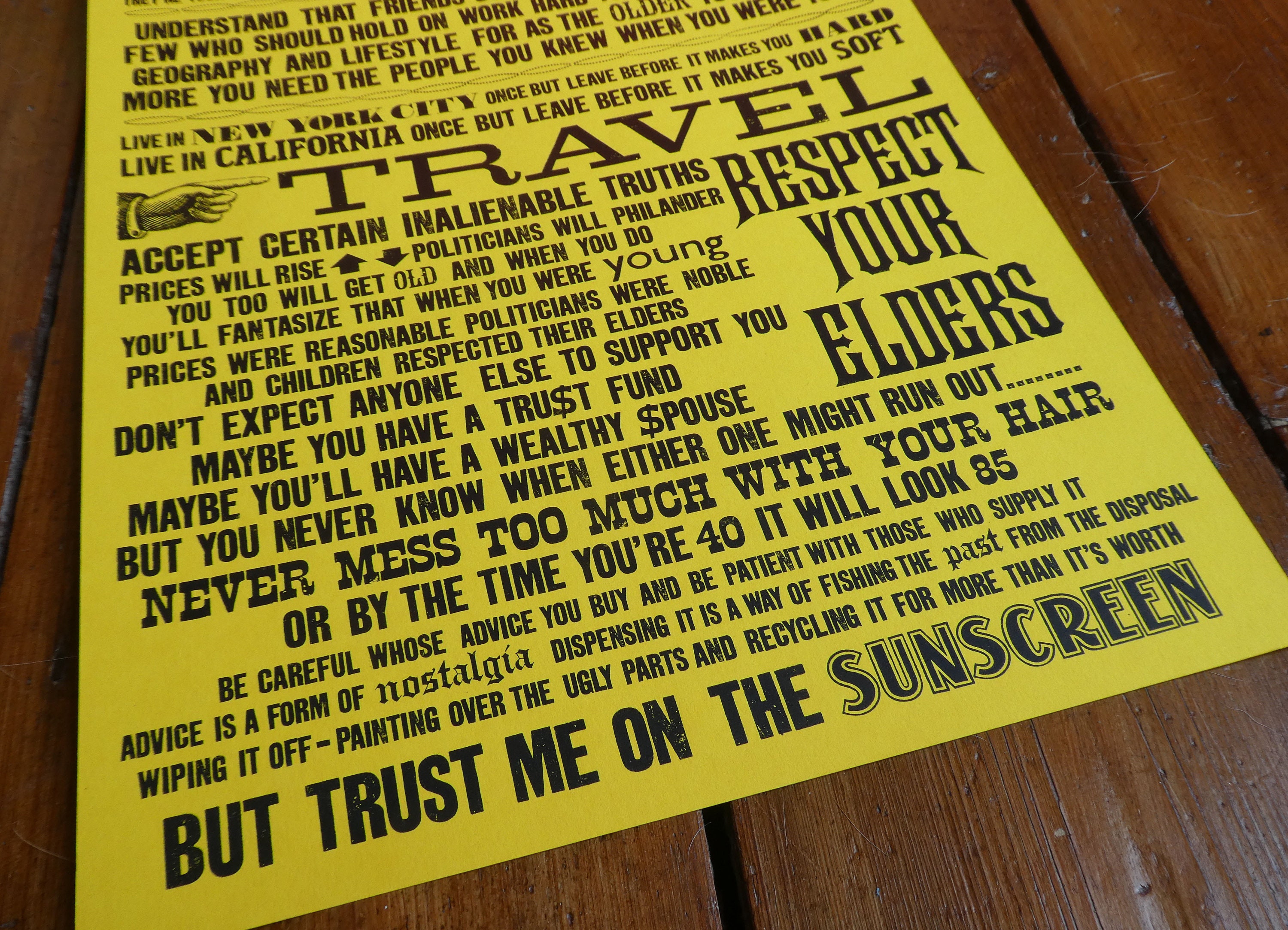 Sunscreen A3/A2 Lyric Screenprint Baz Luhrmann Lyrics Print | Etsy UK