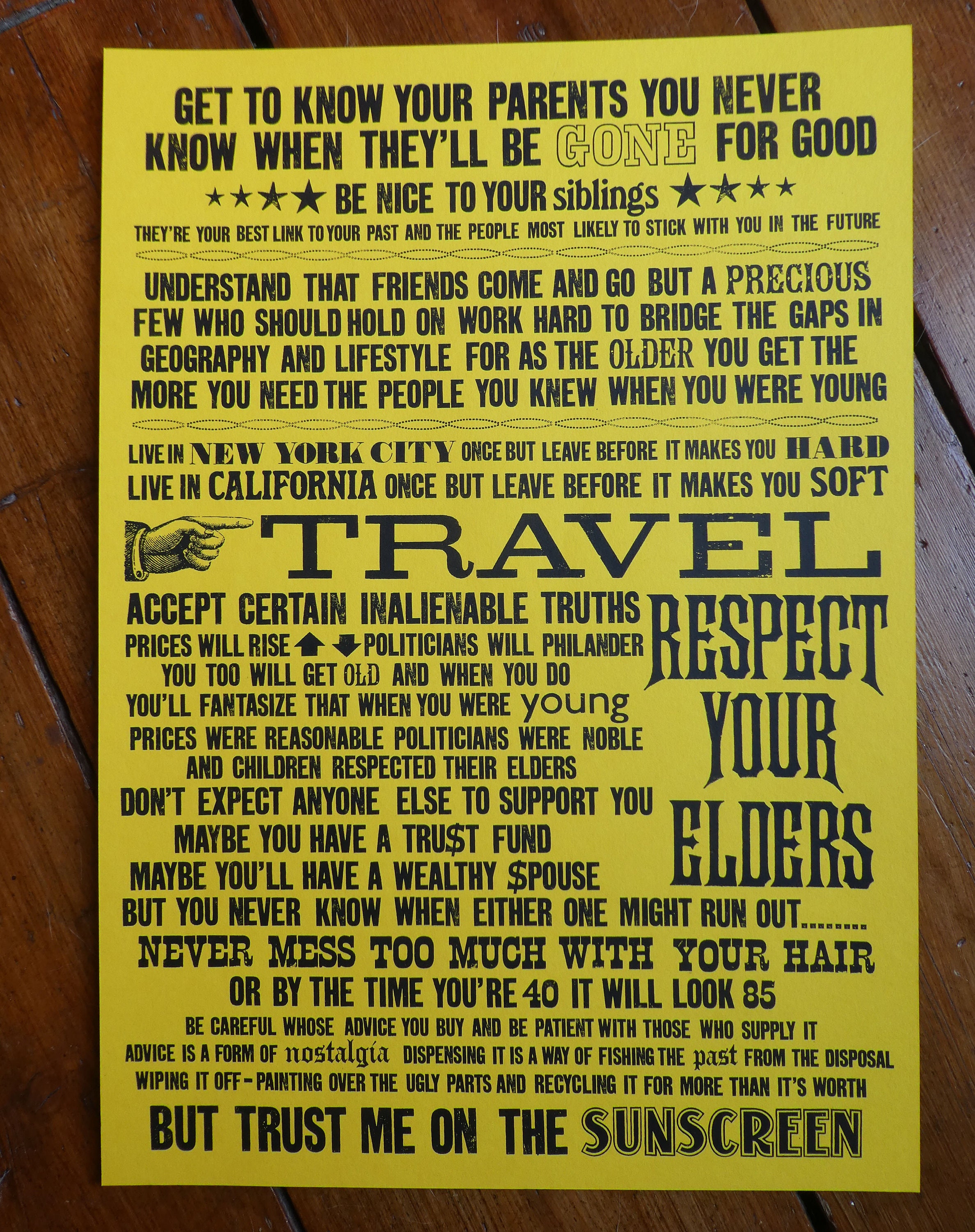 Sunscreen A3/A2 Lyric Screenprint Baz Luhrmann Lyrics Print - Etsy UK