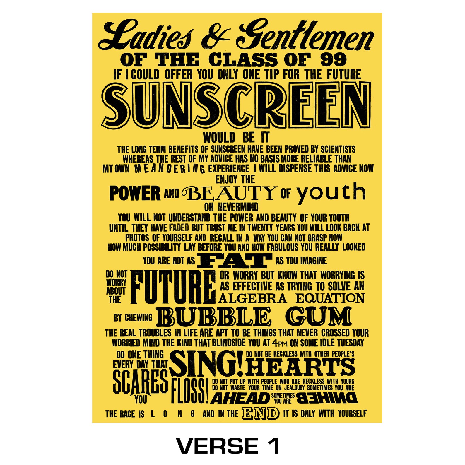 Sunscreen Lyric Screenprint Baz Luhrmann Lyrics Print - Etsy UK
