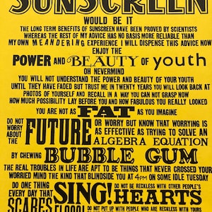 Sunscreen Lyric A3 Screenprint, Baz Luhrmann Lyrics Print, Sunscreen ...