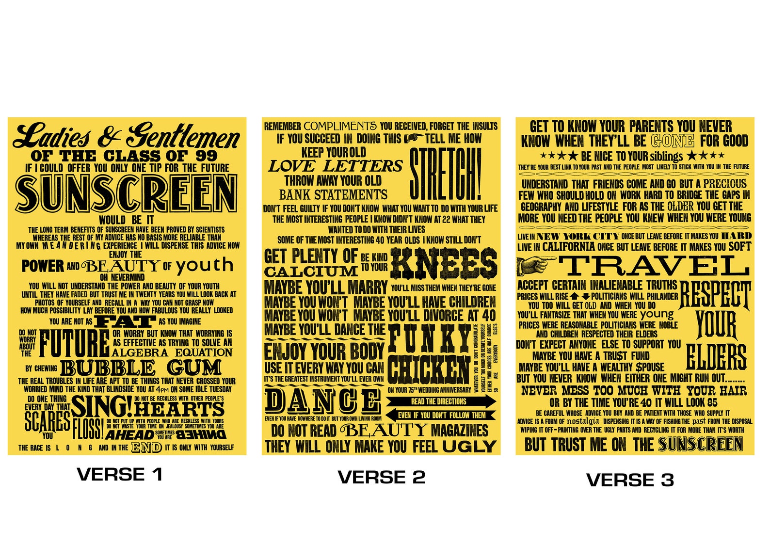 Sunscreen Lyric Screenprint Baz Luhrmann Lyrics Print - Etsy UK