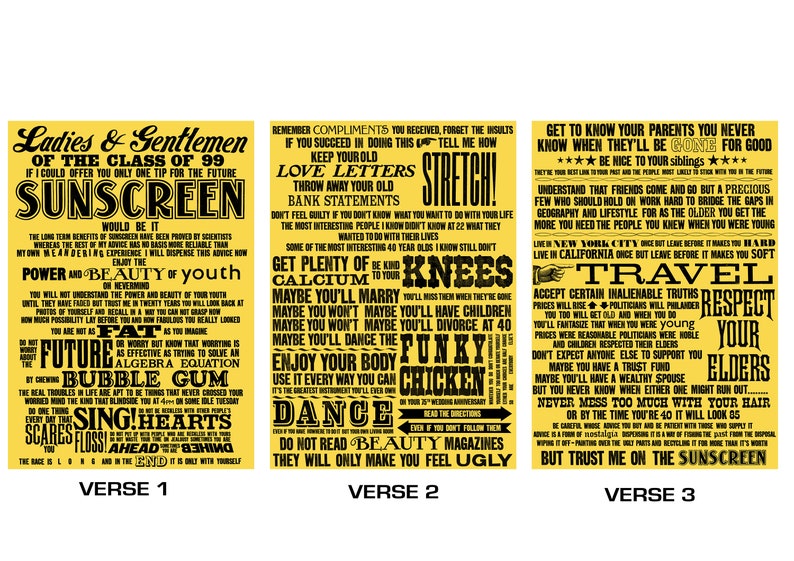 Sunscreen Lyric Screenprint Baz Luhrmann Lyrics Print - Etsy UK