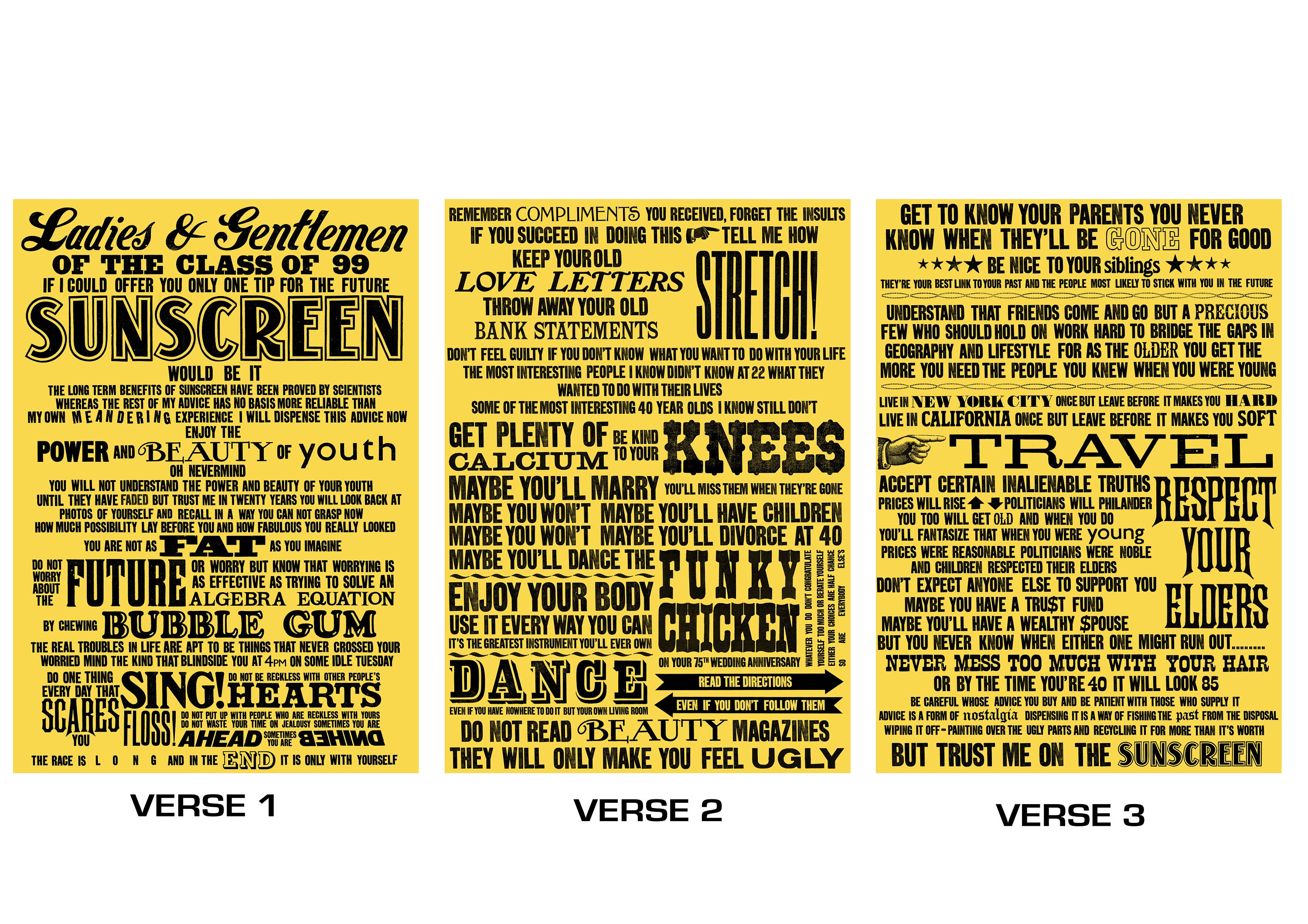 Sunscreen Lyric Screenprint Baz Luhrmann Lyrics Print - Etsy UK