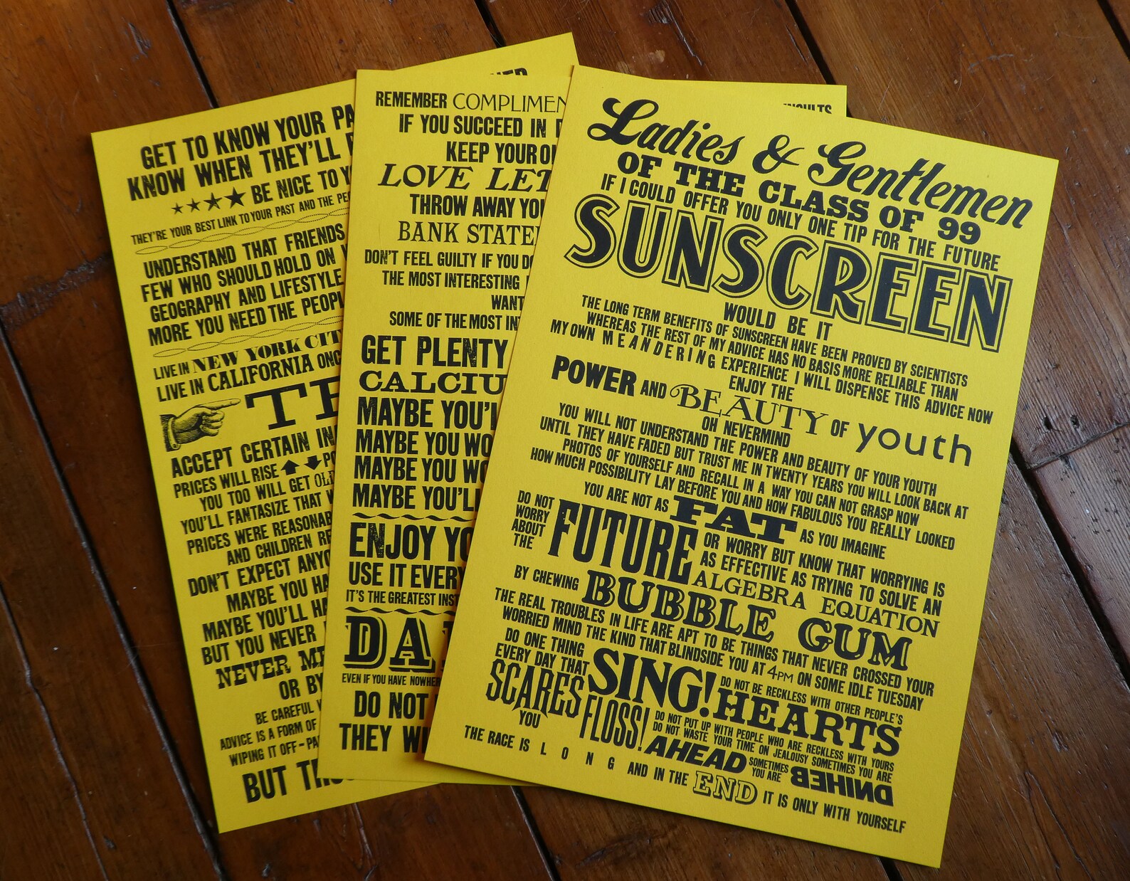 Sunscreen Lyric Screenprint Baz Luhrmann Lyrics Print | Etsy