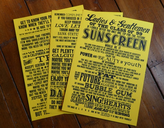 Sunscreen Lyric Screenprint Baz Luhrmann Lyrics Print | Etsy