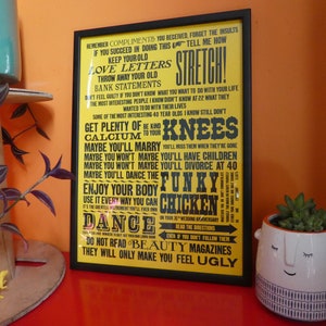 Sunscreen Lyric Screenprint, Baz Luhrmann Lyrics Print, Sunscreen ...