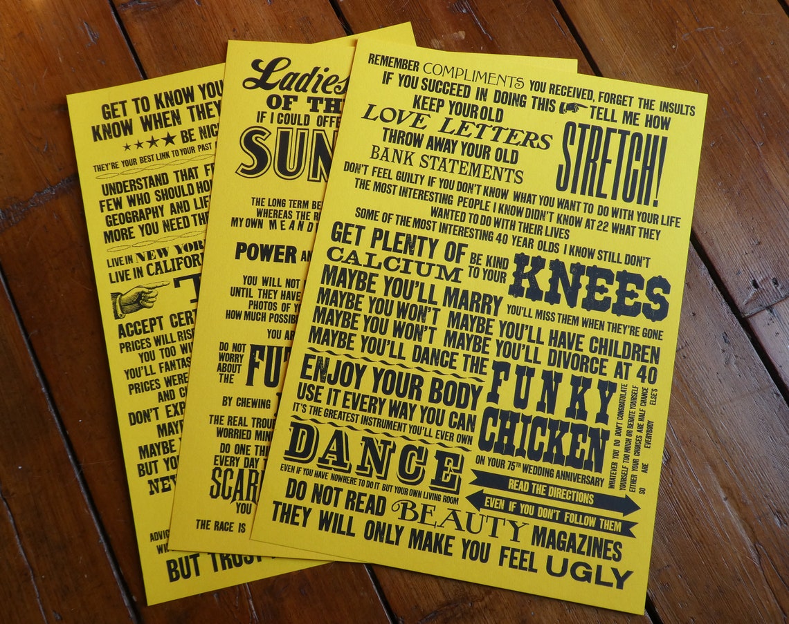 Sunscreen Lyric Screenprint Baz Luhrmann Lyrics Print | Etsy