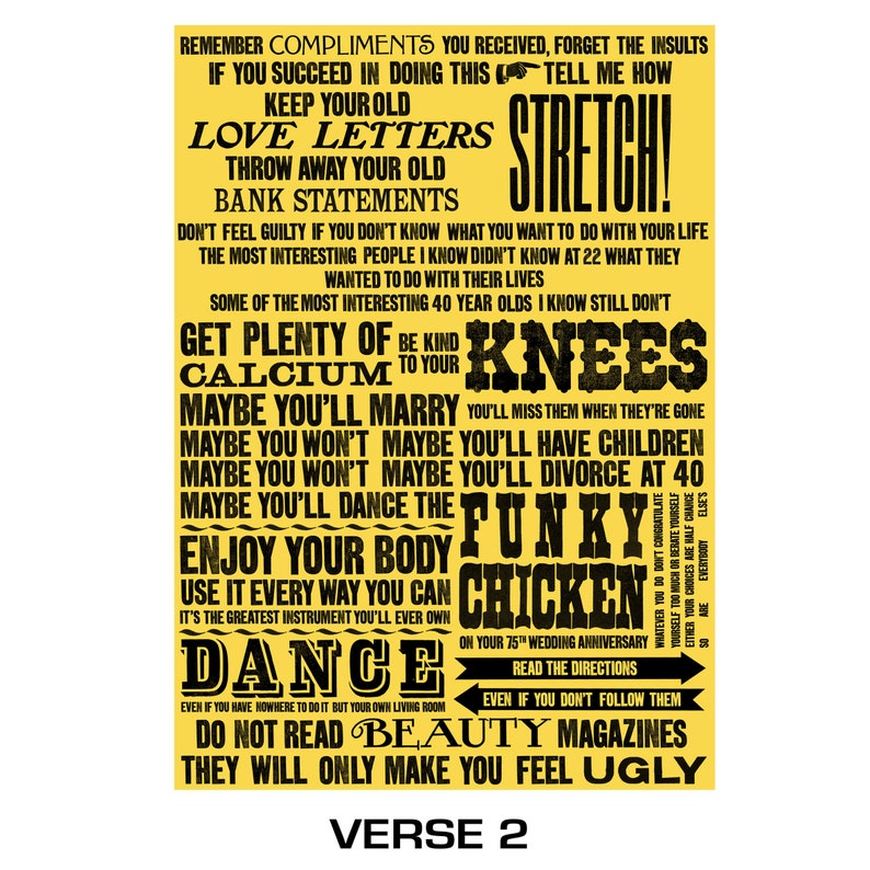 Sunscreen Lyric Screenprint Baz Luhrmann Lyrics Print - Etsy UK