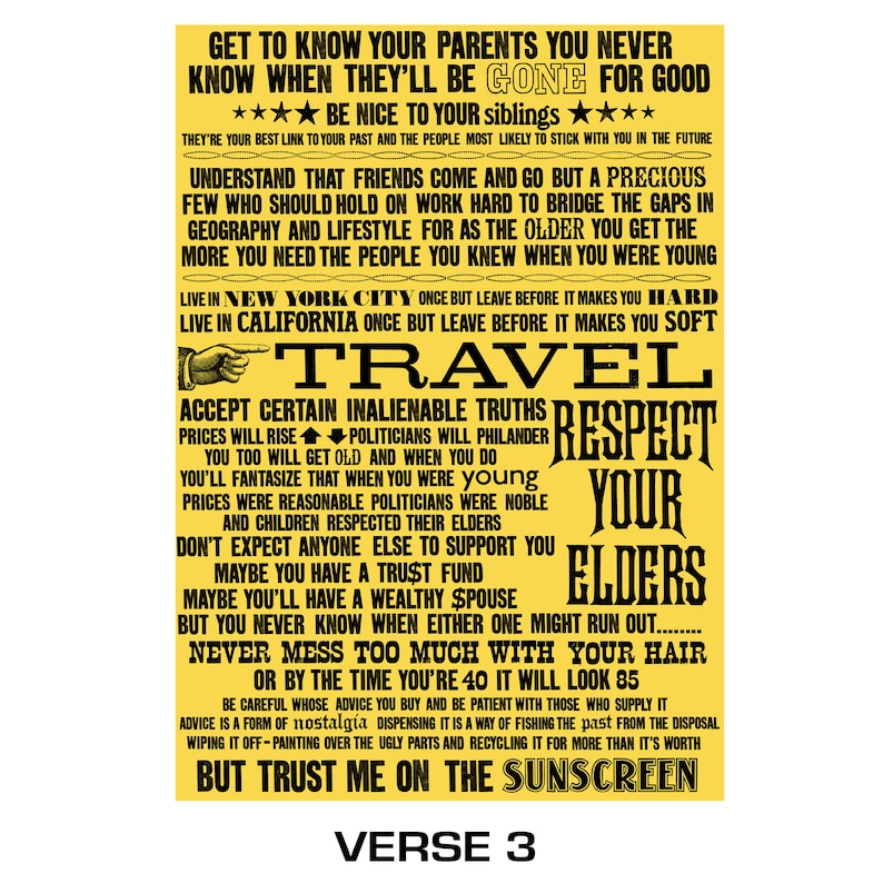 Sunscreen Lyric Screenprint Baz Luhrmann Lyrics Print - Etsy UK