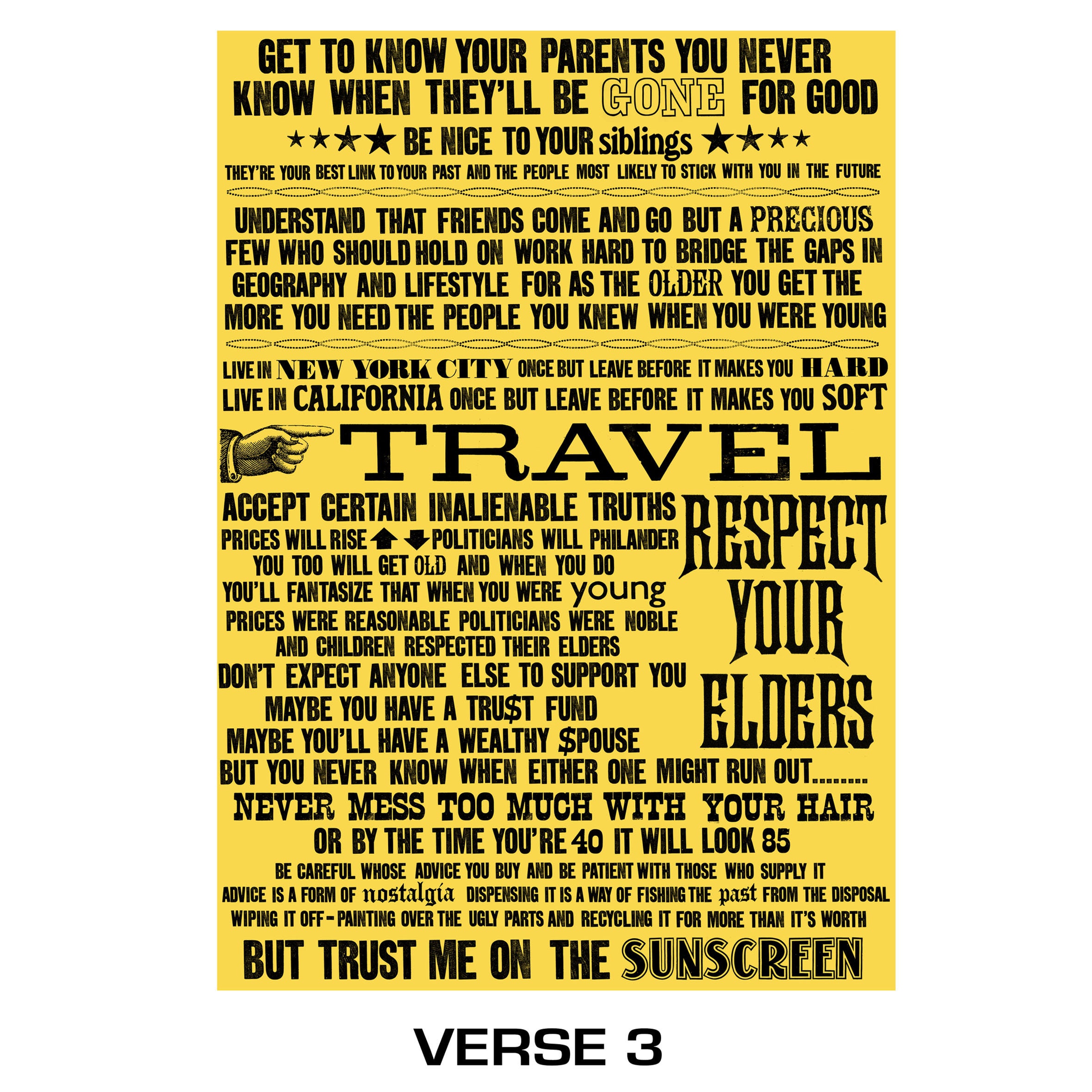 Sunscreen Lyric Screenprint, Baz Luhrmann Lyrics Print, Sunscreen ...