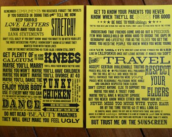 Sunscreen Lyric Screenprint Baz Luhrmann Lyrics Print | Etsy