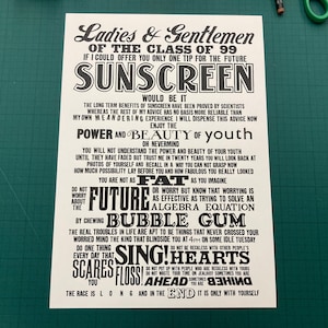 Sunscreen Lyric A3/A2 Screenprint, Baz Luhrmann Print, Sunscreen Lyrics ...