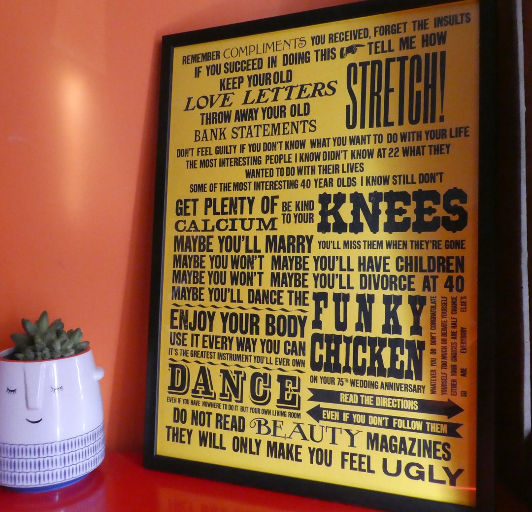 Sunscreen A3/ A2 Lyric Screenprint, Baz Luhrmann Lyrics Print ...