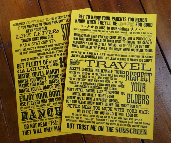 Sunscreen Lyric Screenprint Baz Luhrmann Lyrics Print - Etsy UK