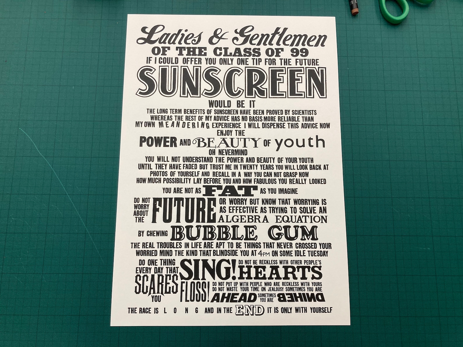 Sunscreen Lyric Screenprint Baz Luhrmann Lyrics Print - Etsy