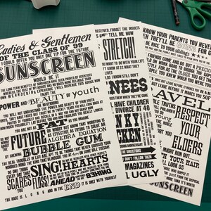 Sunscreen Lyric Screenprint, Baz Luhrmann Lyrics Print, Sunscreen ...