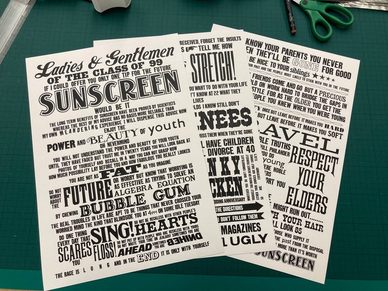 Sunscreen Lyric Screenprint Baz Luhrmann Lyrics Print - Etsy UK