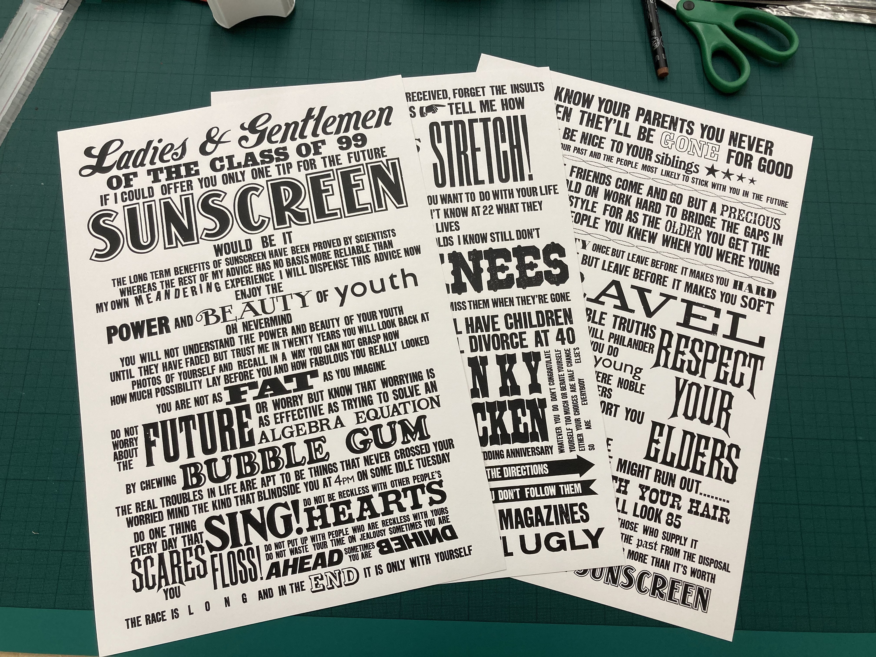 Sunscreen Lyric Screenprint Baz Luhrmann Lyrics Print - Etsy UK