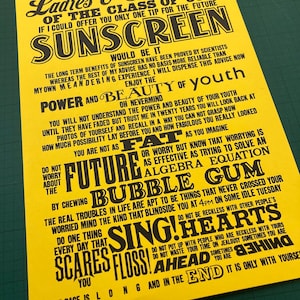 Sunscreen Lyric A3 Screenprint, Baz Luhrmann Lyrics Print, Sunscreen ...