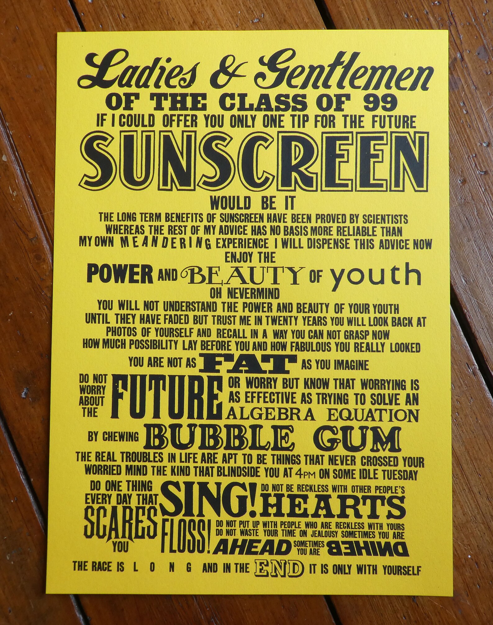 Sunscreen Lyric Screenprint Baz Luhrmann Lyrics Print | Etsy