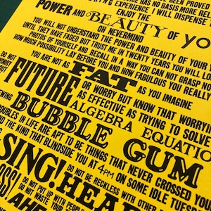 Sunscreen Lyric A3 Screenprint, Baz Luhrmann Lyrics Print, Sunscreen ...