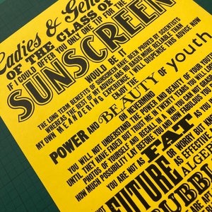 Sunscreen Lyric A3 Screenprint, Baz Luhrmann Lyrics Print, Sunscreen ...